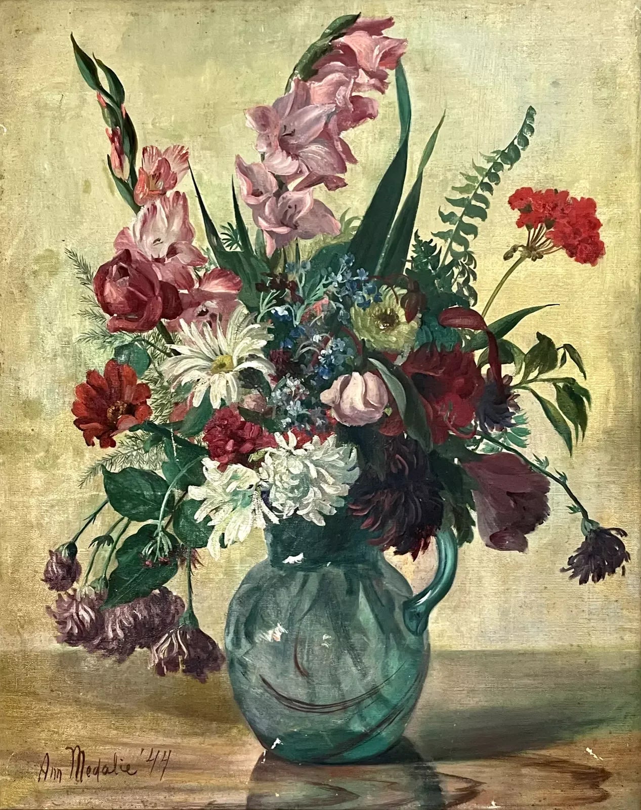 Ann Sonia huile sur toile signée nature morte bouquet de fleurs 1944 e